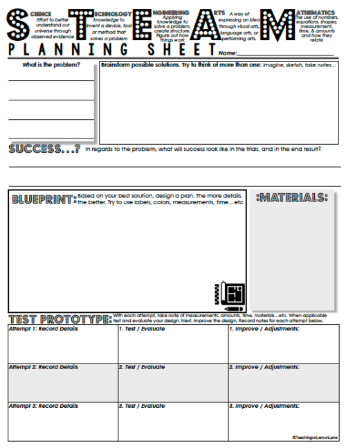 STEM | STEAM Planning and Reflection Sheets for any Challenge