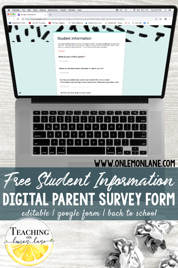 Free Student Information Digital Parent Form for Back To School