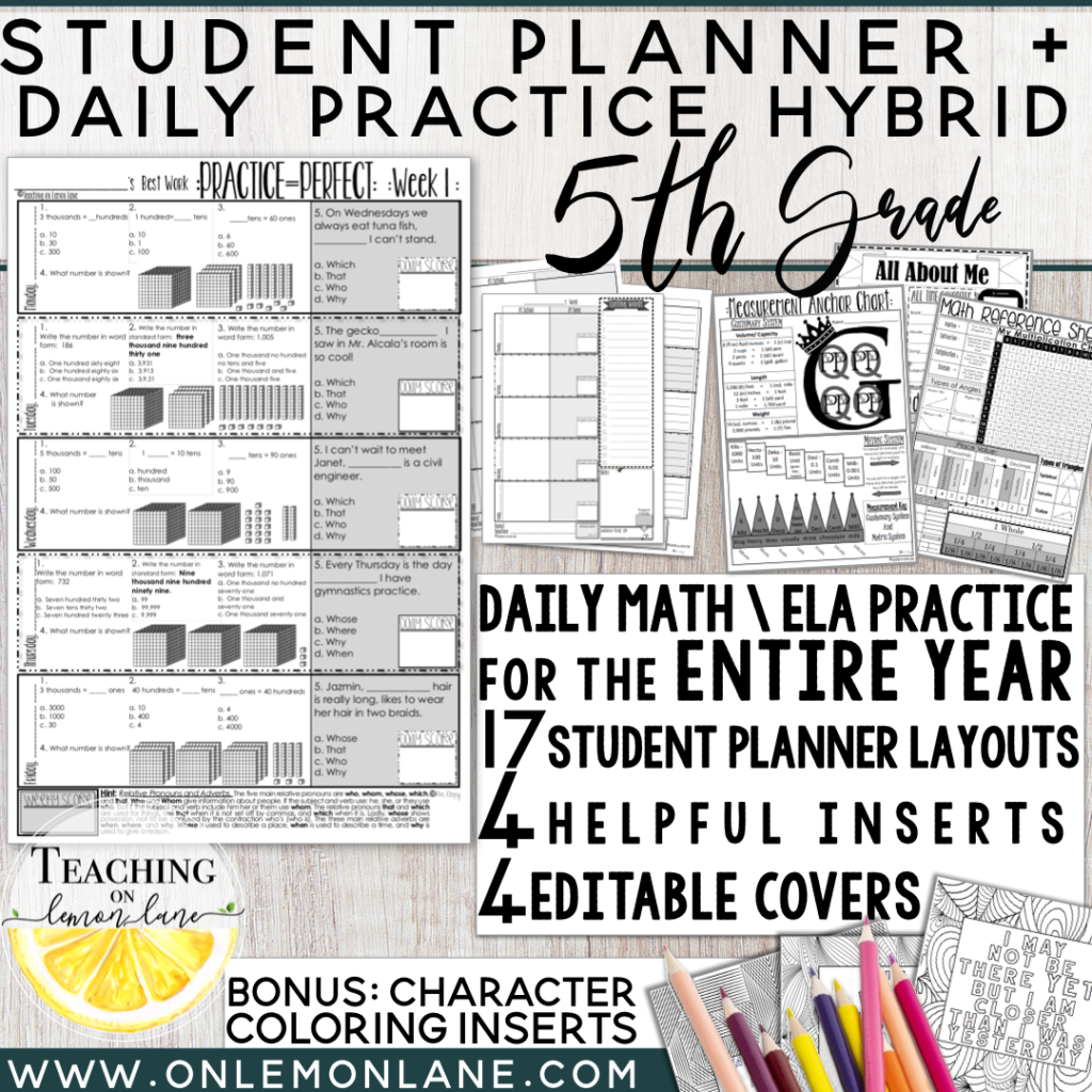 The Student Planner, Daily Math &ELA Workbook Every 5th Grade Teacher Needs