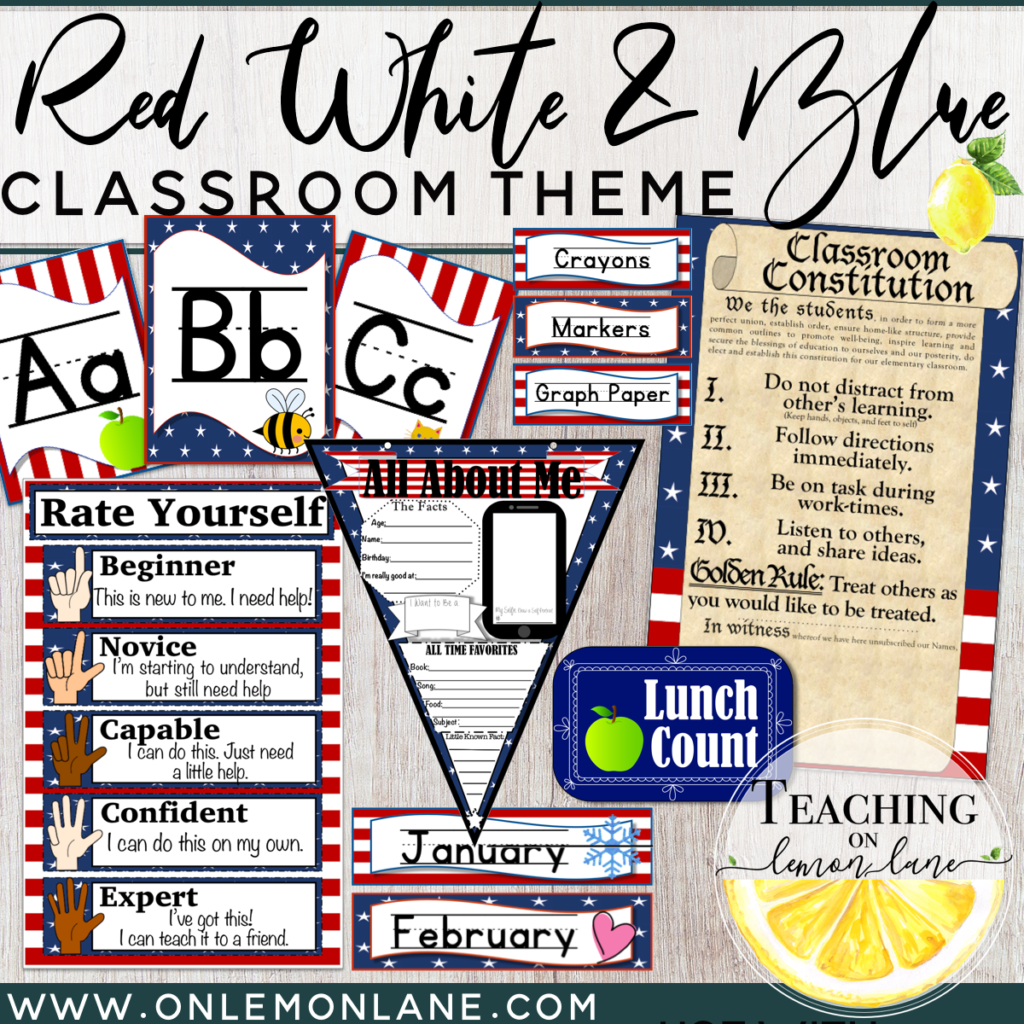 Stars | Stripes Cursive Classroom Theme Bundle (Editable) Red White Blue