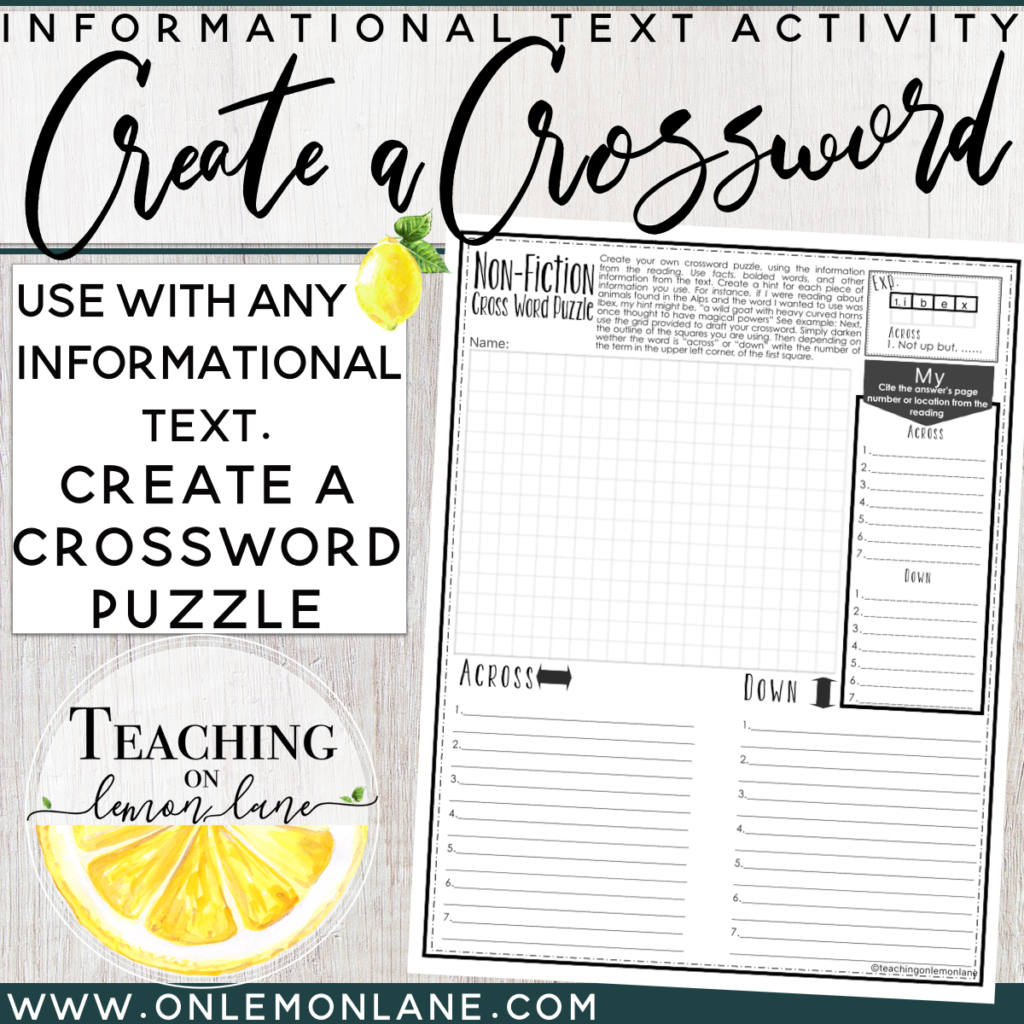 Informational Text Activity / Make your own Non-Fiction Cross Word Puzzle