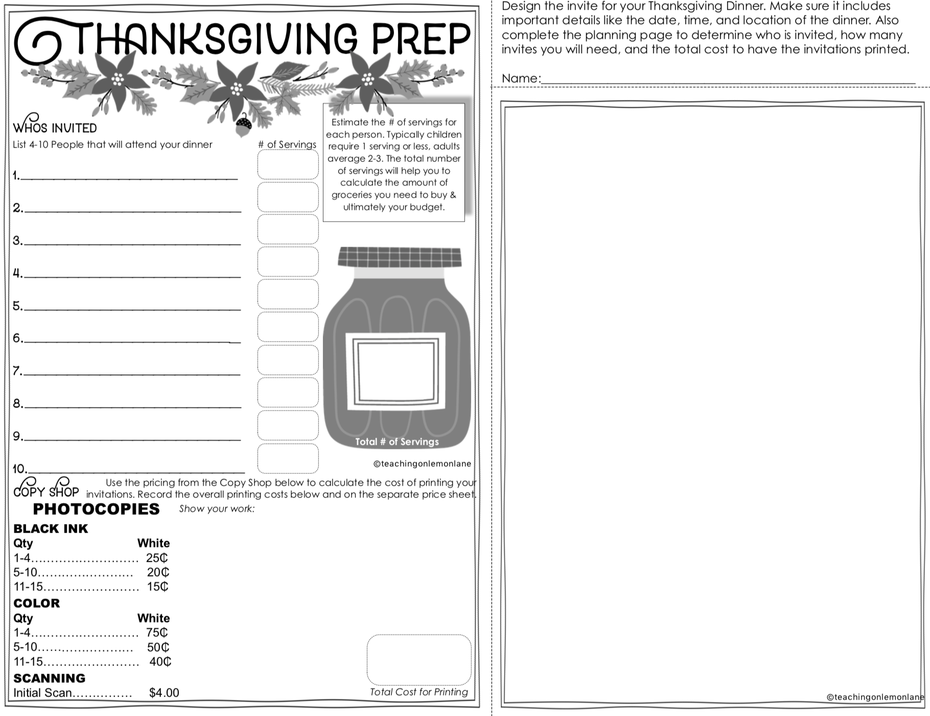 Plan a Thanksgiving Dinner Project Based Learning Activity