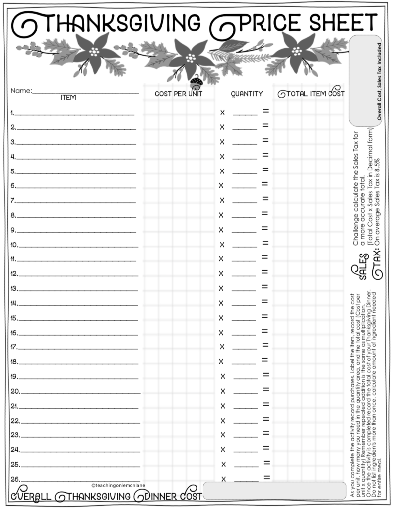 Plan a Thanksgiving Dinner Project Based Learning Activity