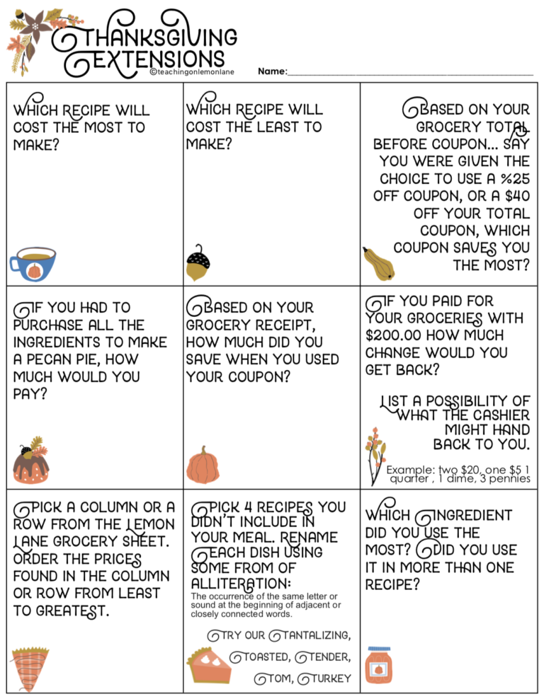 Plan a Thanksgiving Dinner Project Based Learning Activity
