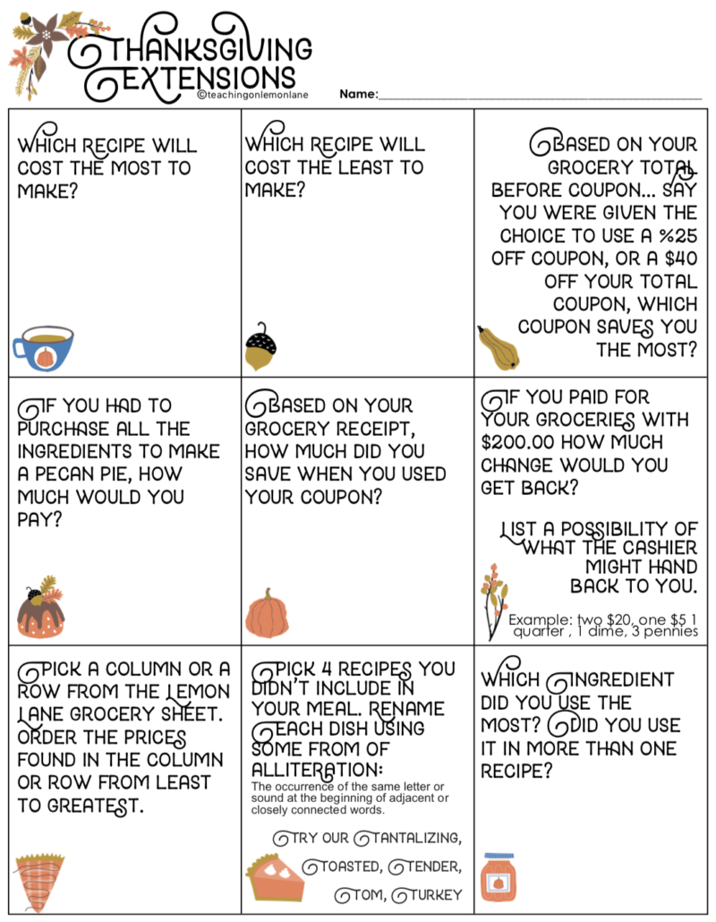 Plan a Thanksgiving Dinner Project Based Learning Activity